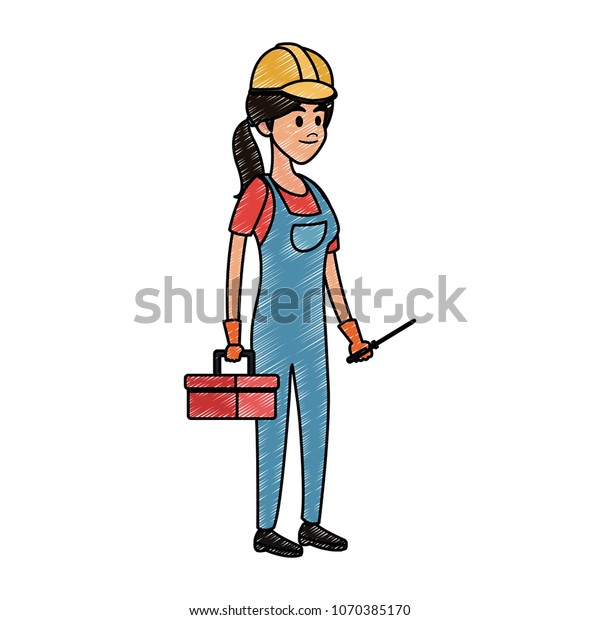 Construction Female Worker Cartoon Scribble Stock Vector (Royalty Free ...