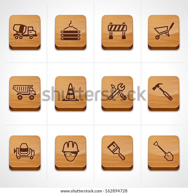 Construction Icon Set Wood Texture Button Stock Vector (Royalty Free ...