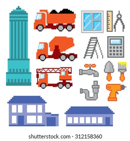 Construction Icons Set Pixel Art Old: vector de stock (libre de ...