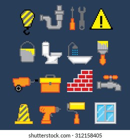 Construction Icons Set Pixel Art Old Stock Vector (Royalty Free ...
