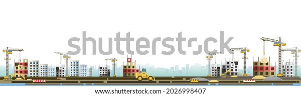 Construction New Microdistrict City Cranes Tractors Stock Vector ...