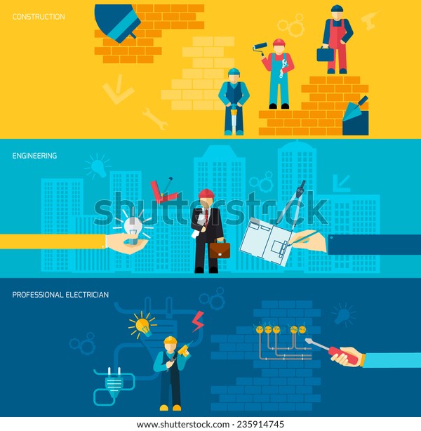 Construction Professions Banners Flat Set Engineering Stock Vector ...