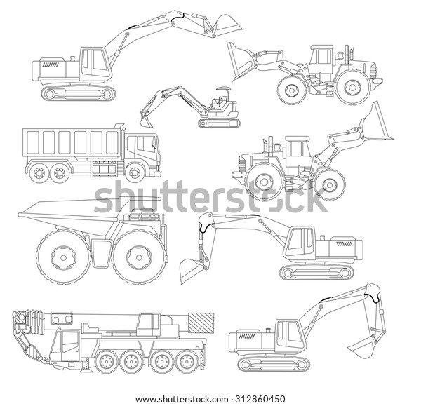 Construction Vehicles Black White Outlines Stock Vector (Royalty Free ...