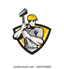 Construction Worker Holding Hammer Badge Shield Stock Vector (Royalty ...