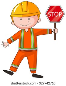 Vektor Stok Cartoon Flagger Pointing Sign He Holding (Tanpa Royalti ...