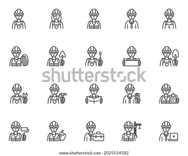 Construction Workers Line Icons Set Linear Stock Vector (Royalty Free ...