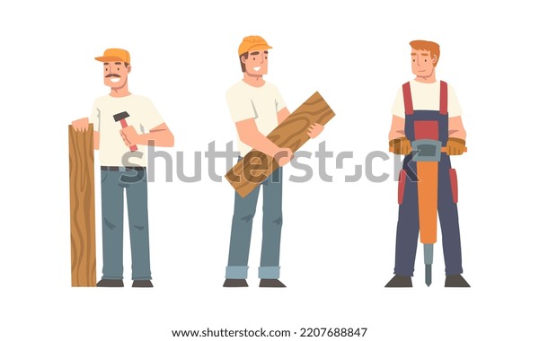 Construction Workers Set Men Builders Uniform Stock Vector (Royalty ...