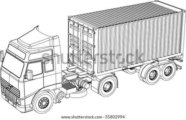 Container Truck Trailer Line Drawing Isolated 스톡 벡터(로열티 프리) 35802994