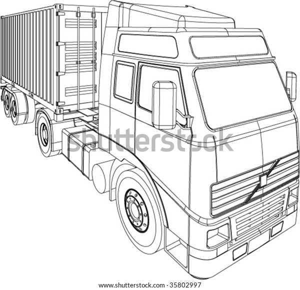 Container Truck Trailer Line Drawing Isolated Stok Vektör (Telifsiz ...