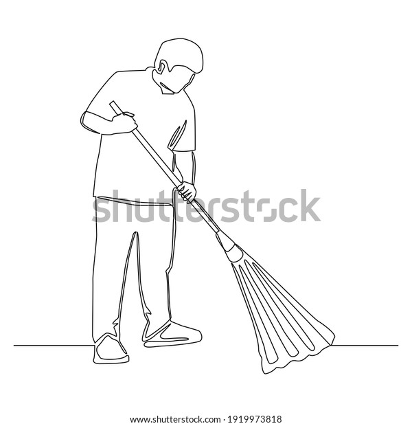Continuous Drawing Line Man Holding Broom Stock Vector (Royalty Free ...