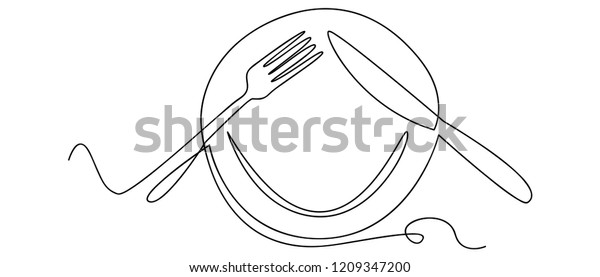 Continuous line art or One Line Drawing of plate, khife and fork ...