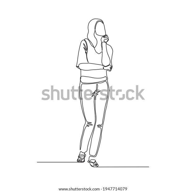 Continuous Line Drawing Beautiful Pensive Female Stock Vector (Royalty ...