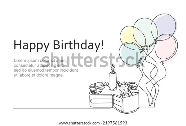 Continuous Line Drawing Birthday Cake Balloons Stock Vector (Royalty ...