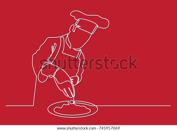 Continuous Line Drawing Chef Finishing Meal 스톡 벡터(로열티 프리) 745957069