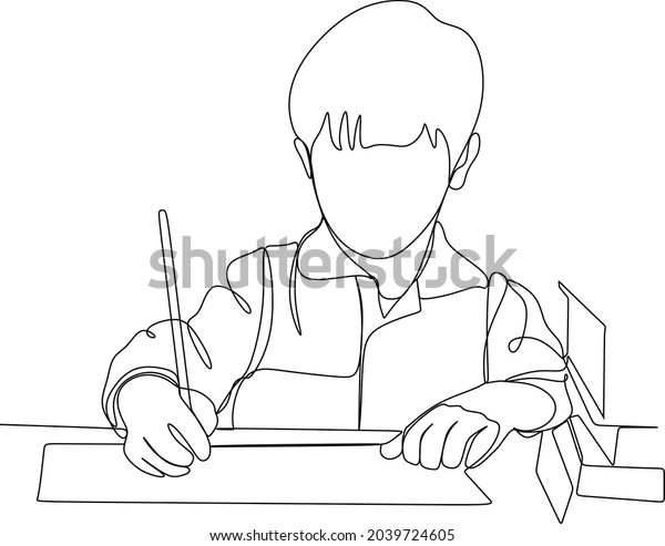 Continuous Line Drawing Children Sitting Writing Stock Vector (Royalty ...