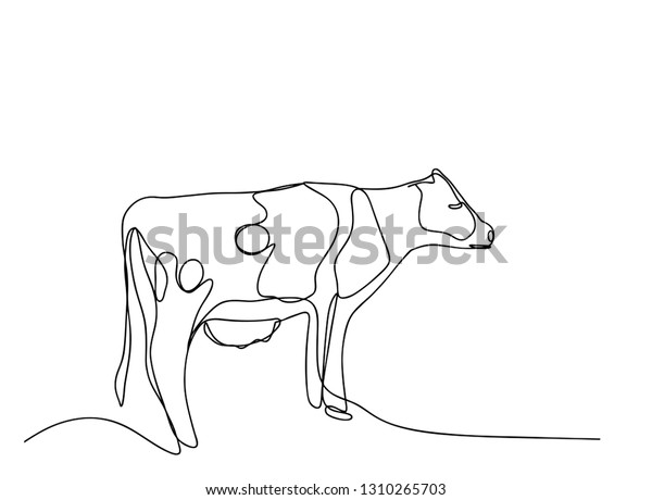 Continuous line, drawing of Dairy cow dairy farm mammal animal vector ...