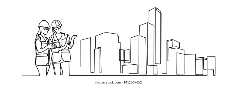 Continuous Line Drawing Engineer Building Construction: เวกเตอร์สต็อก ...
