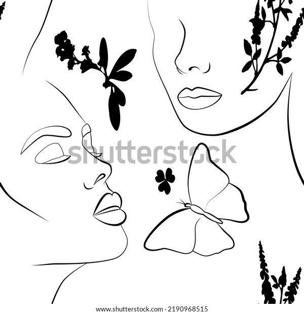 Continuous Line Drawing Female Face Leaves Stock Vector (Royalty Free ...