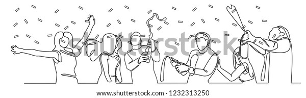 continuous line drawing Friends Party celebration champagne fun happiness.