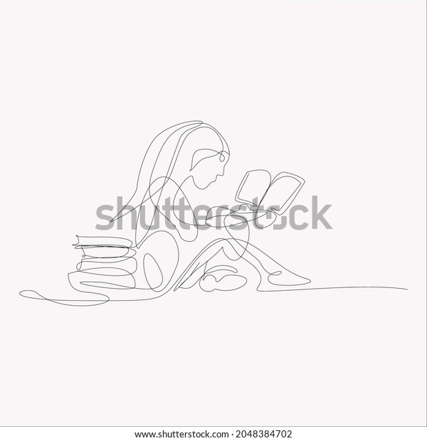 Continuous Line Drawing Girl Studying Reading Stock Vector (Royalty ...