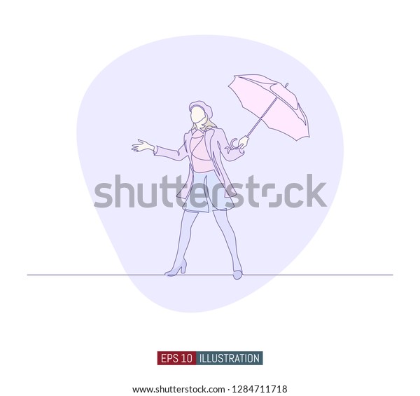 Continuous Line Drawing Girl Umbrella Template Stock Vector (Royalty ...