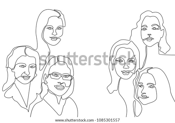 Continuous line drawing. Linear women faces. Design fora cards, covers ...