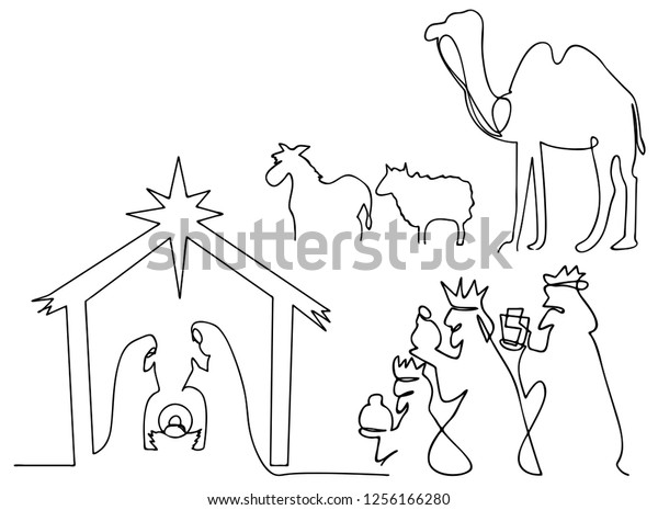Continuous Line Drawing Nativity Jesus Bible Stock Vector (Royalty Free ...