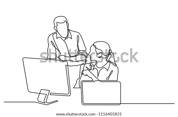 Continuous Line Drawing Office Workers Discussing Stock Vector (Royalty ...