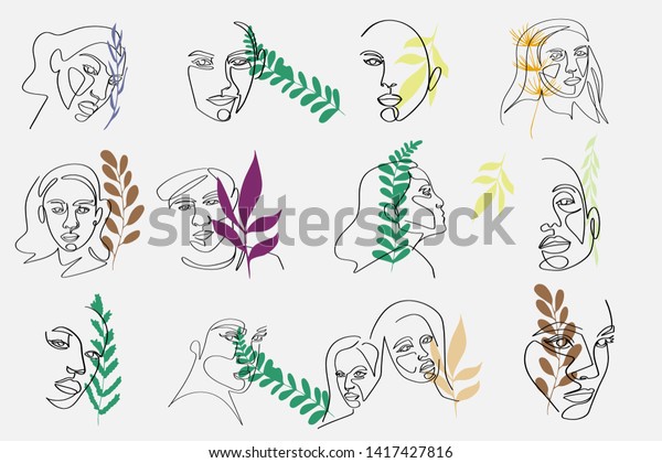 Continuous Line Drawing Set Faces Hairstyle Stock Vector (Royalty Free ...