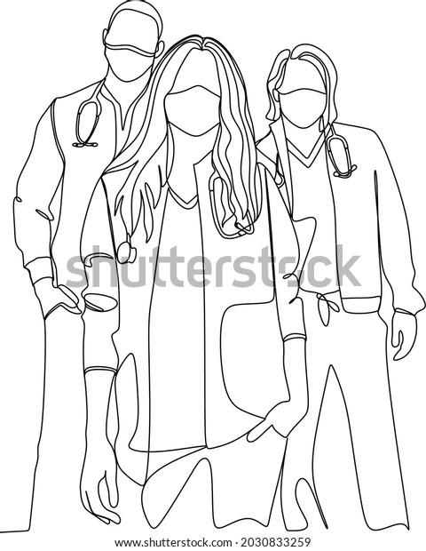 Continuous Line Drawing Standing Healthcare Professionals Stock Vector ...