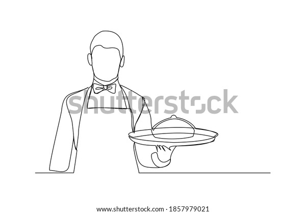 Continuous Line Drawing Waiters Holding Order Stock Vector (Royalty ...