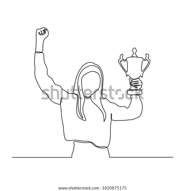 Continuous Line Drawing Winner Holding Raising Stock Vector (Royalty ...