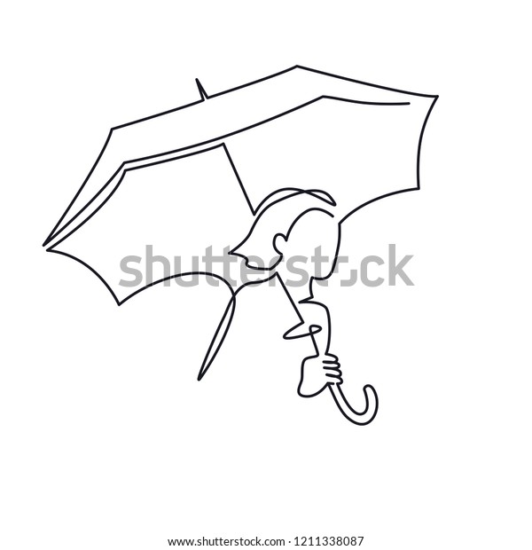 Continuous Line Drawing Of Young Woman With An Umbrella Cane In Hand