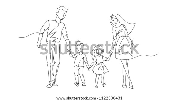 Continuous Line Parents Walking Children One Stock Vector (Royalty Free ...