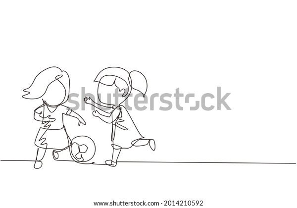 Continuous One Line Drawing Girls Playing Stock Vector (Royalty Free ...