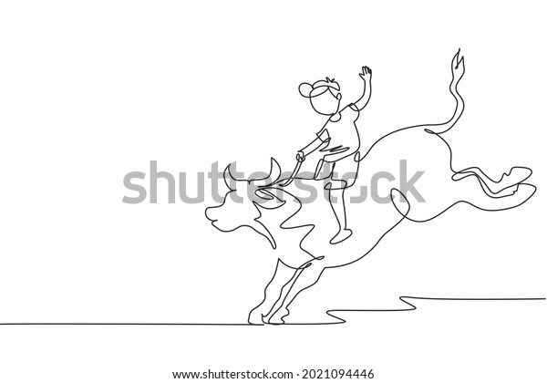 Continuous one line drawing happy cute kid boy riding cute bull. Child ...