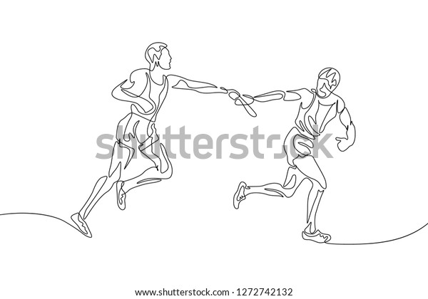 Continuous one line drawing relay race, runner passes the baton ...