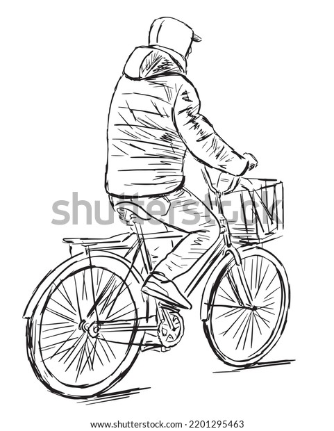 Contour Drawing Citizen Riding Bicycle Along Stock Vector (Royalty Free ...