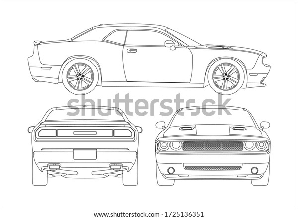 contour drawing of a muscle car, view from three sides. Dodge ...