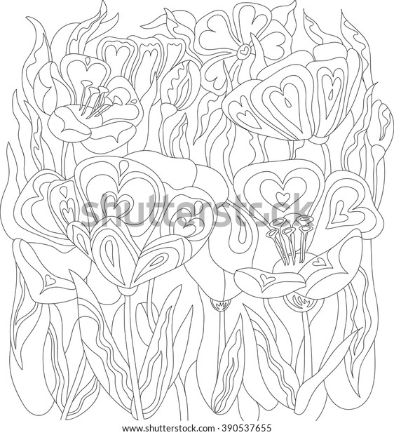 Contour drawing vector flowers, Coloring book for adult and older children
