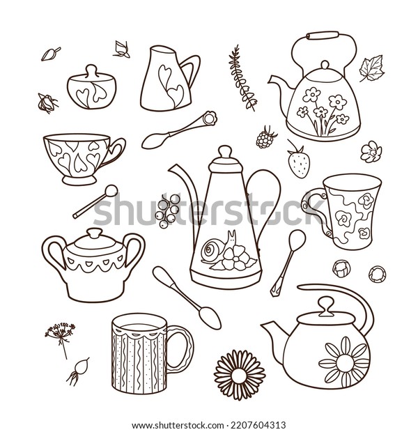 Contour Drawings Cup Teapot Set Tea Stock Vector (Royalty Free ...