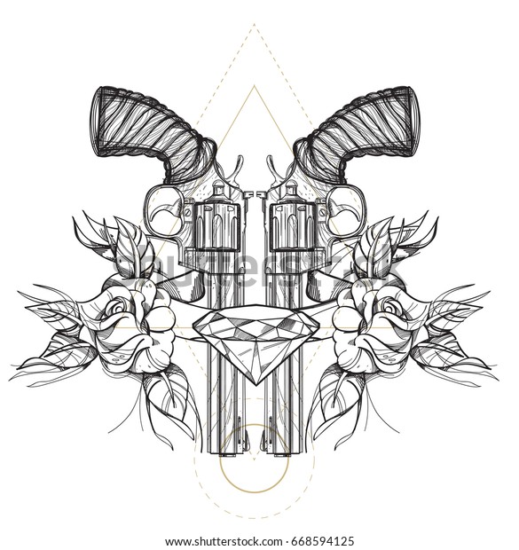 Contour Image Two Revolvers Roses Diamond Stock Vector (Royalty Free ...