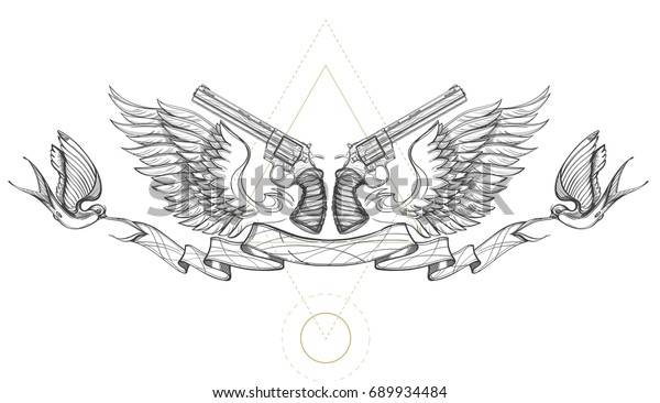 Contour Image Two Revolvers Wings Ribbon Stock Vector (Royalty Free ...