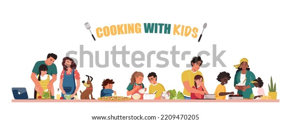 Cooking Children Horizontal Banner Different Age Stock Vector (Royalty ...