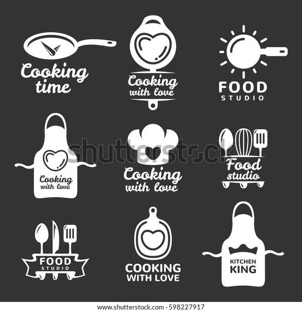 Cooking logos set. Food studio vector logo concept. Kitchen tools. Food ...
