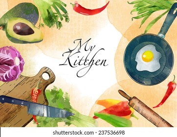 Cooking Watercolor Vector Kitchen Background Stock Vector (Royalty Free ...