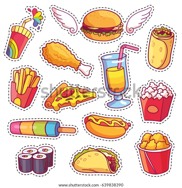 Cool cartoon set of fast food patch badges in pop art style. Vector ...