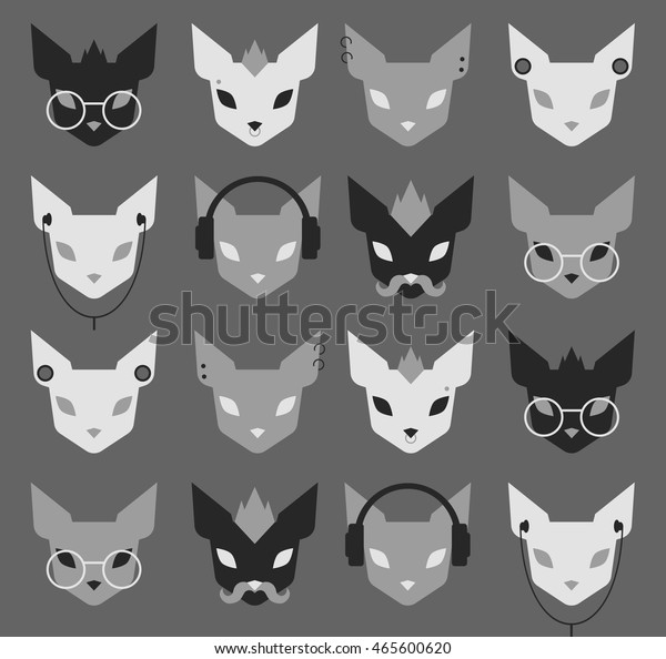 Cool gray line hardcore cartoon rock style flat hipster cat face ...