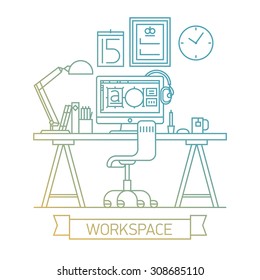 Cool Linear Designer Workspace Illustration Desktop Stock Vector ...