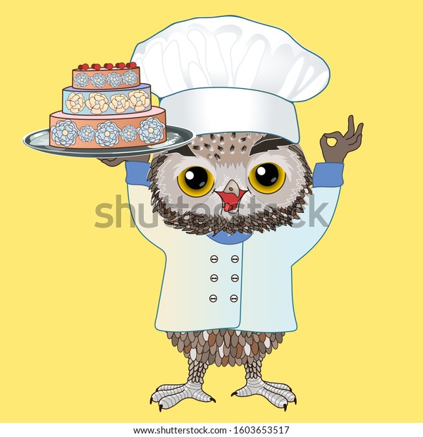 Cool Owl Pastry Chef Stands Holds Stock Vector (Royalty Free) 1603653517